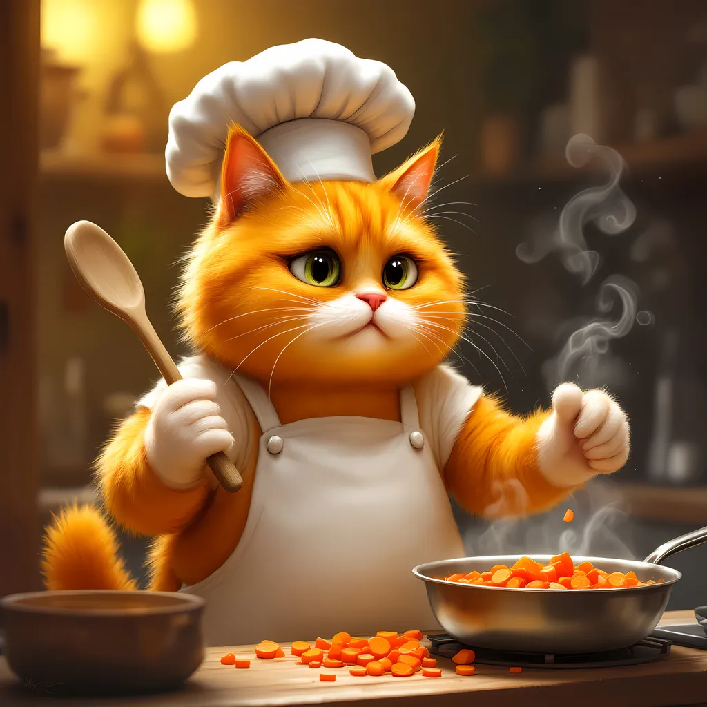Cat Cooking Carrots Like a Human: "A fat orange cat...