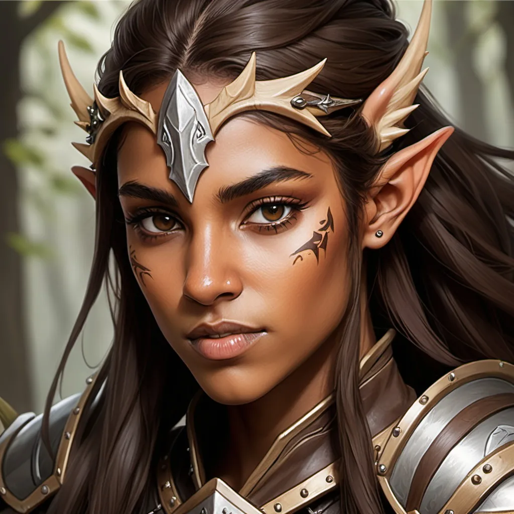 A headshot of a wood elf fighter with caramel skin t...