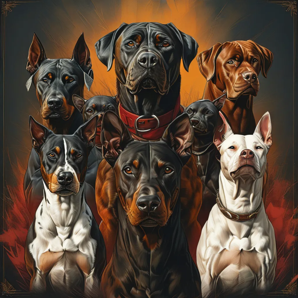 Create an album cover with fierce breeds of dogs for...