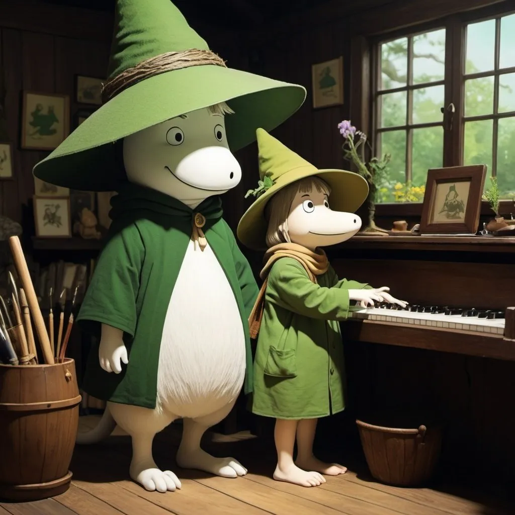 Snufkin and moomintroll in the studio ghibli art style