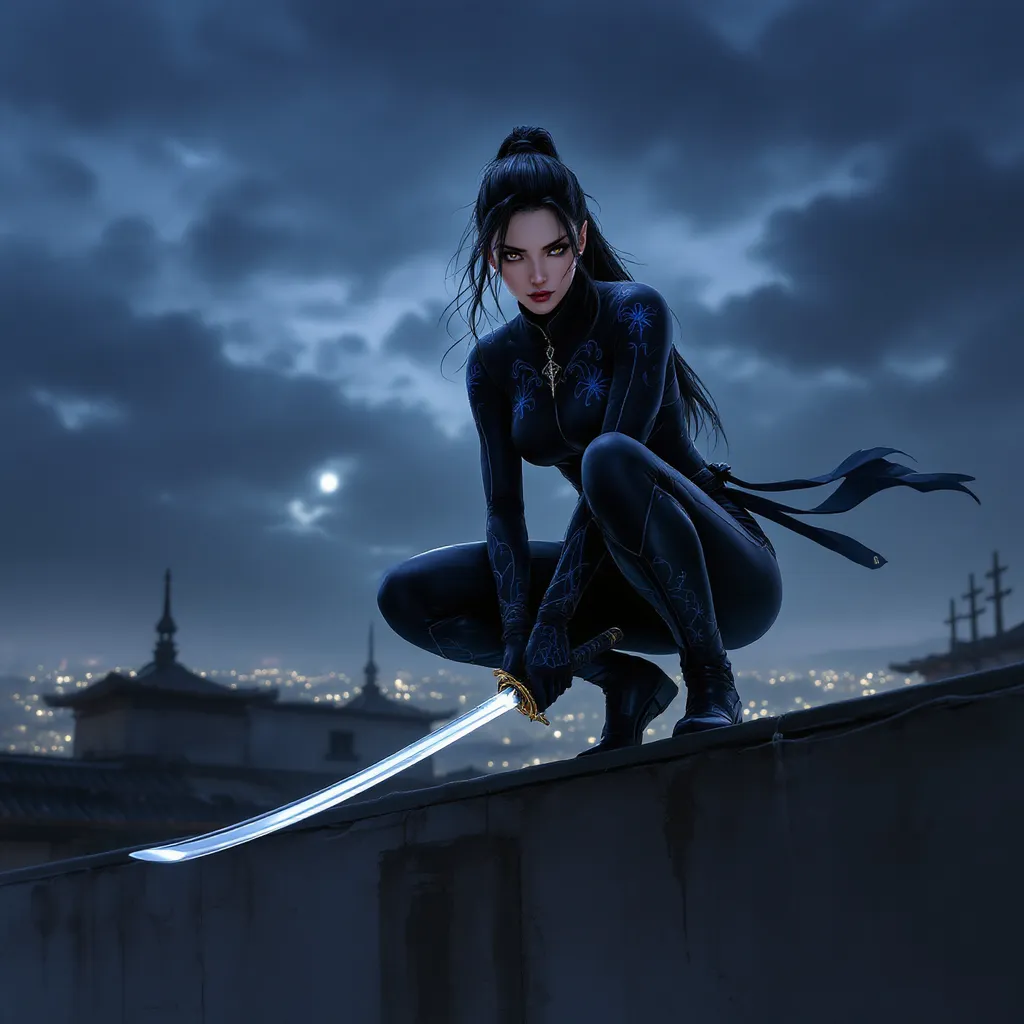 A sleek and poised female ninja character, is depict...