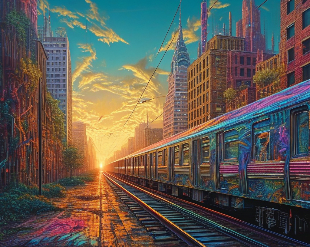 a painting of a city with a train going through it a...