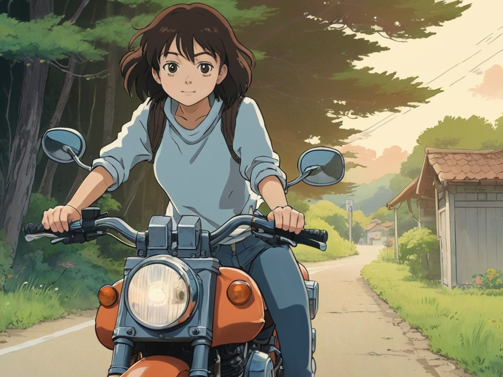 2d studio ghibli anime style, girl on motorcycle, an...