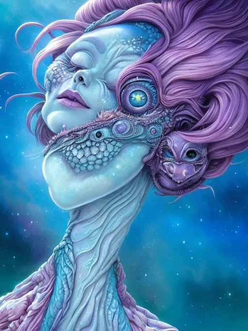 Prompt: Female alien lying in a bed, pillows, old traditional bed ...