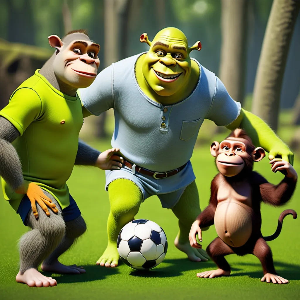 shrek play soccer with a monkey