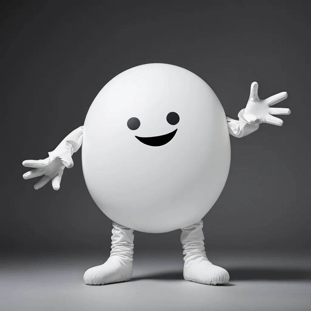 white blob with a face, hands and legs, his hands ar...