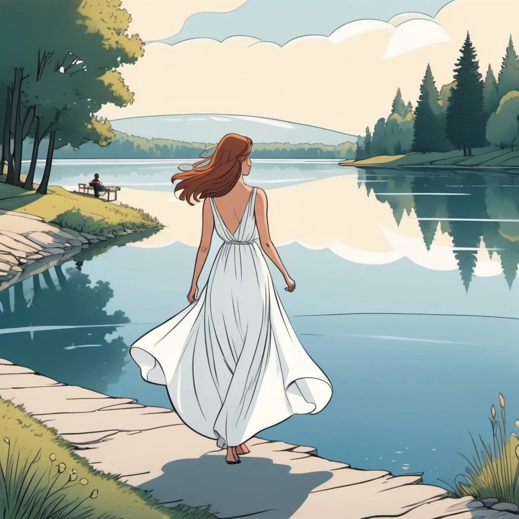 Cartoon of a woman in a white flowy dress walking ac...