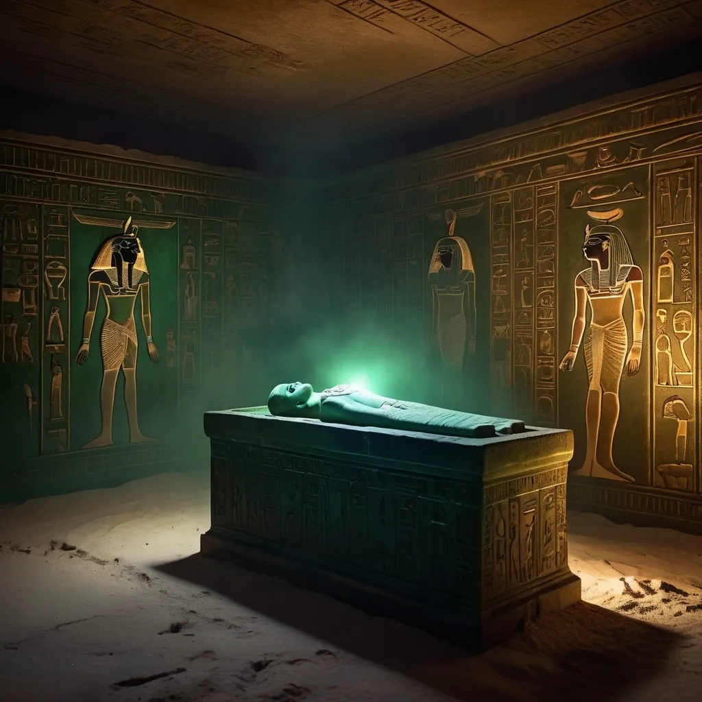 "A dark and mysterious ancient Egyptian tomb, dimly...