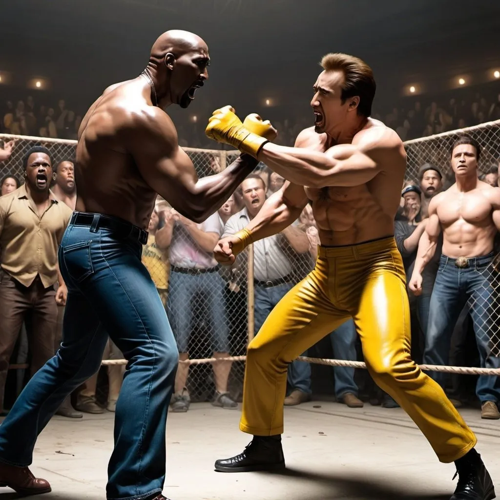 Draw me a picture of Nicholas Cage fighting Luke Cag...