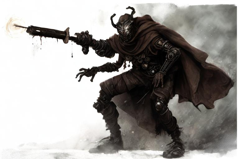 Insectoid humanoid creature in stone cloak, holding...