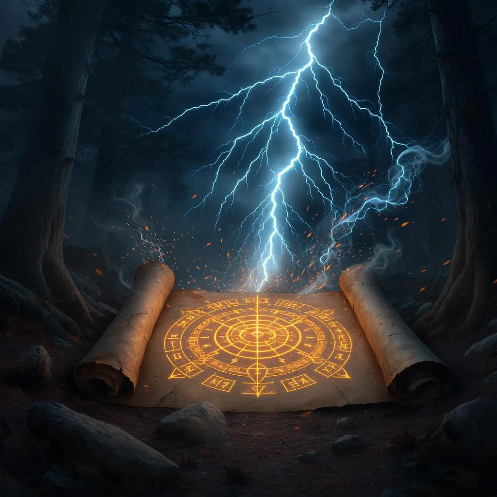 A mysterious ancient scroll glowing with arcane symb...