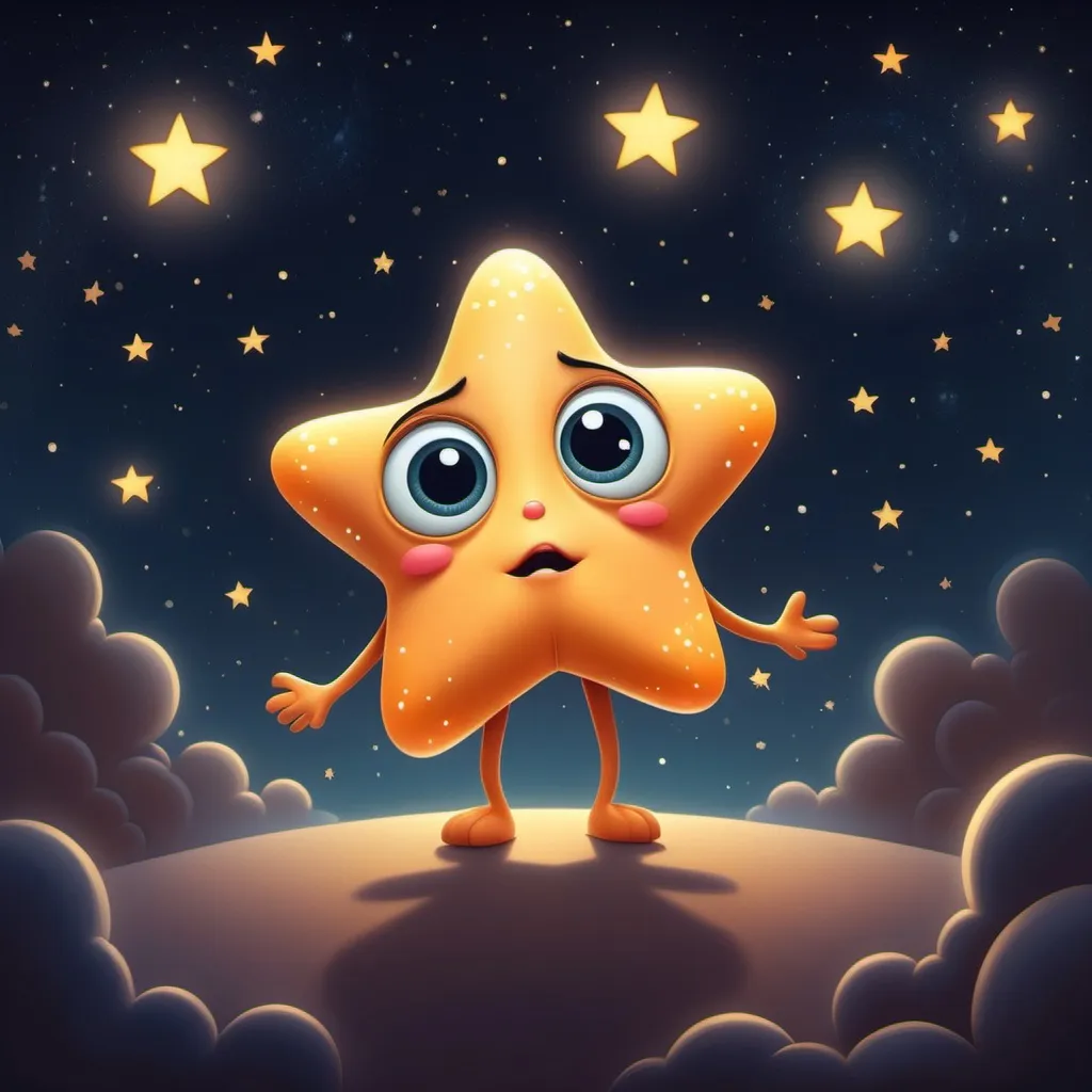 A small, cartoon-style star with big, curious eyes,...