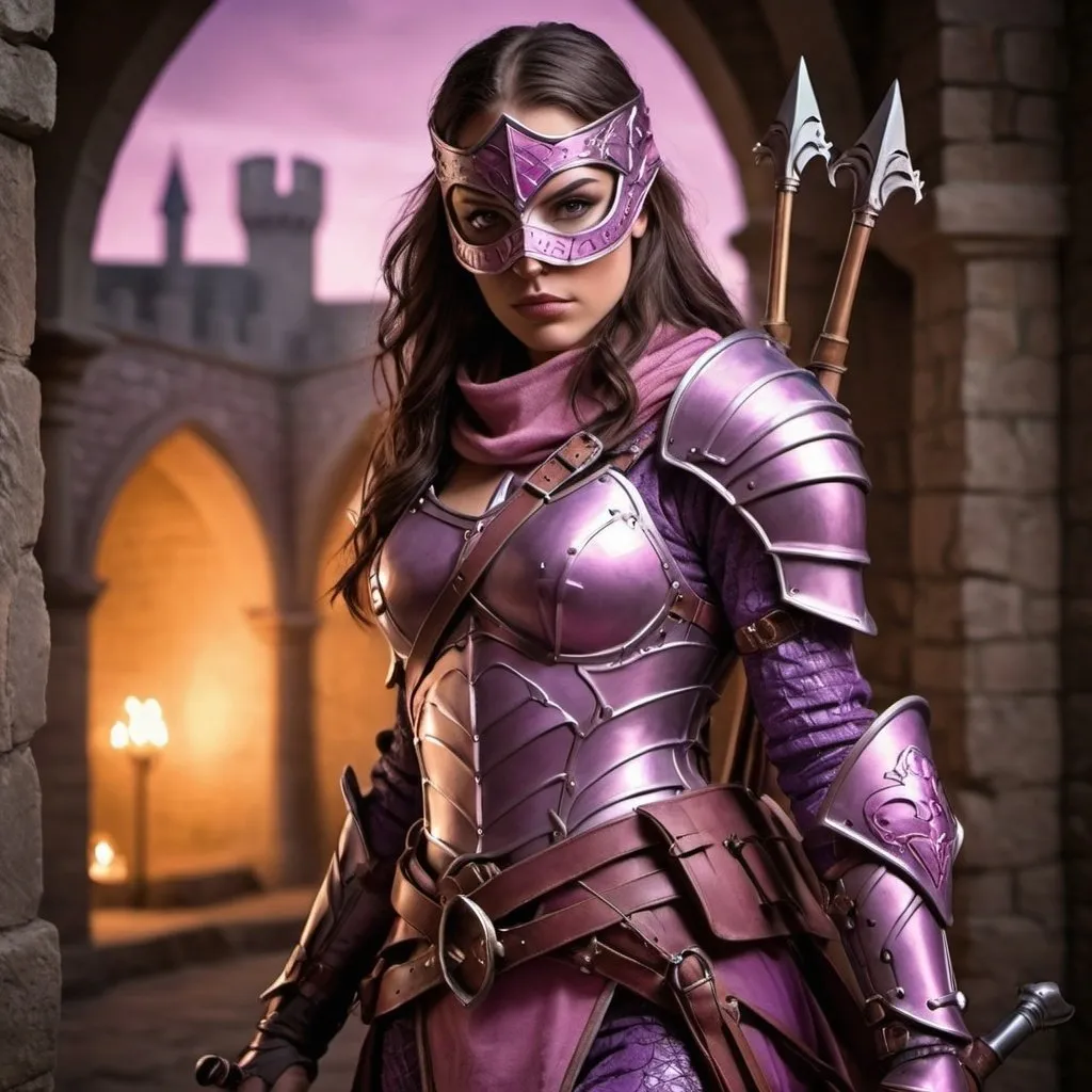 Huntress from DC Comics in pink and purple medieval...