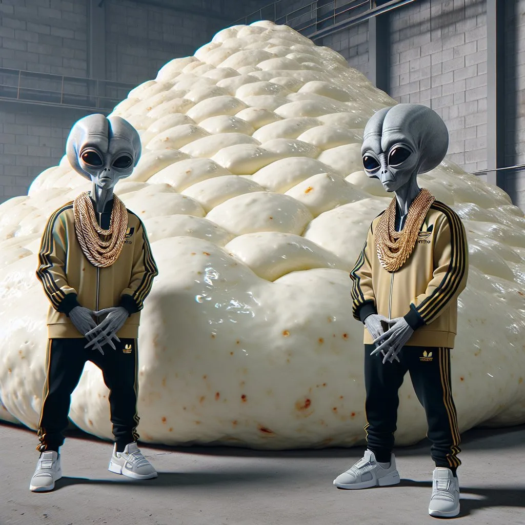 Two grey aliens in Adidas track suits wearing gold c...
