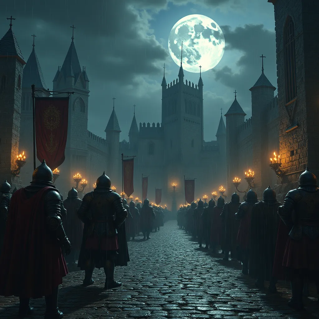 A dramatic medieval scene set in a grand fantasy kin...