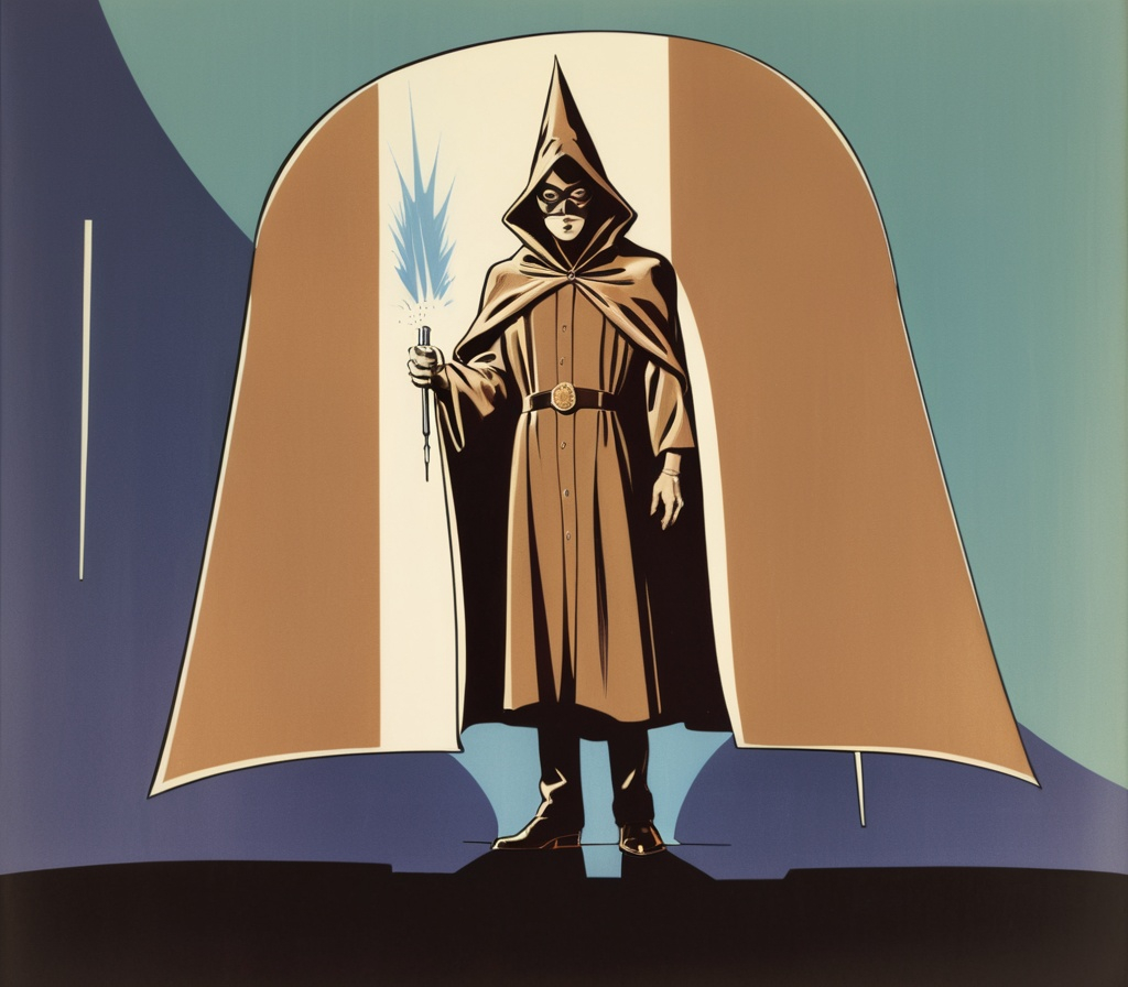 Silk screen comic book illustration, masked and robe...