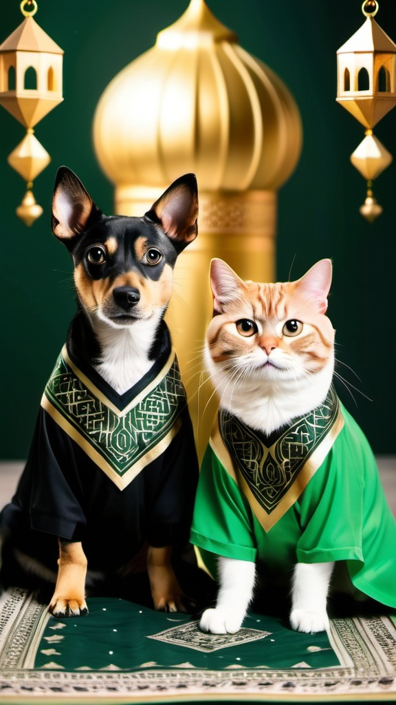 Dog and cat wearing islamic clothes in ramadan backg...
