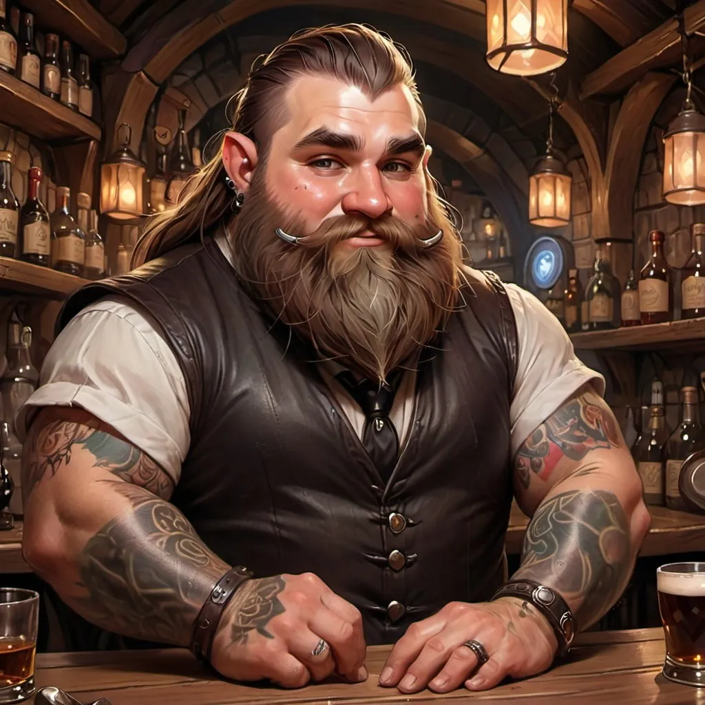 DnD dwarf male bartender with tattoos, in a DnD art...