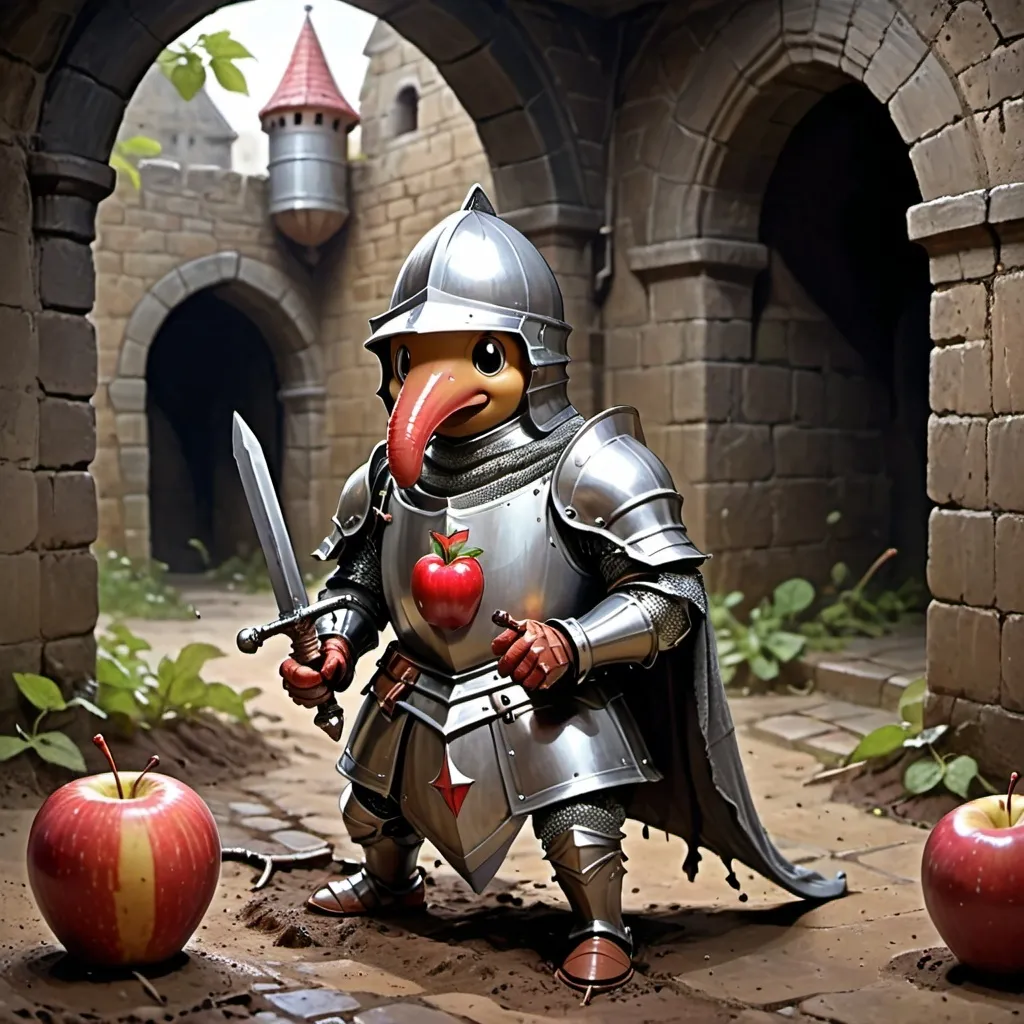An apple dressed as a knight defending against a an...