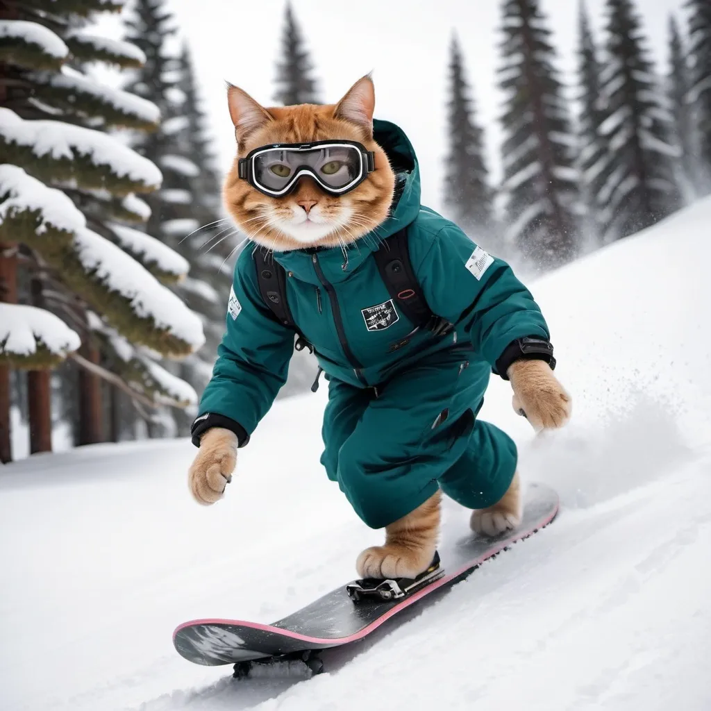 A cat riding a snowboard down a powder covered mount...