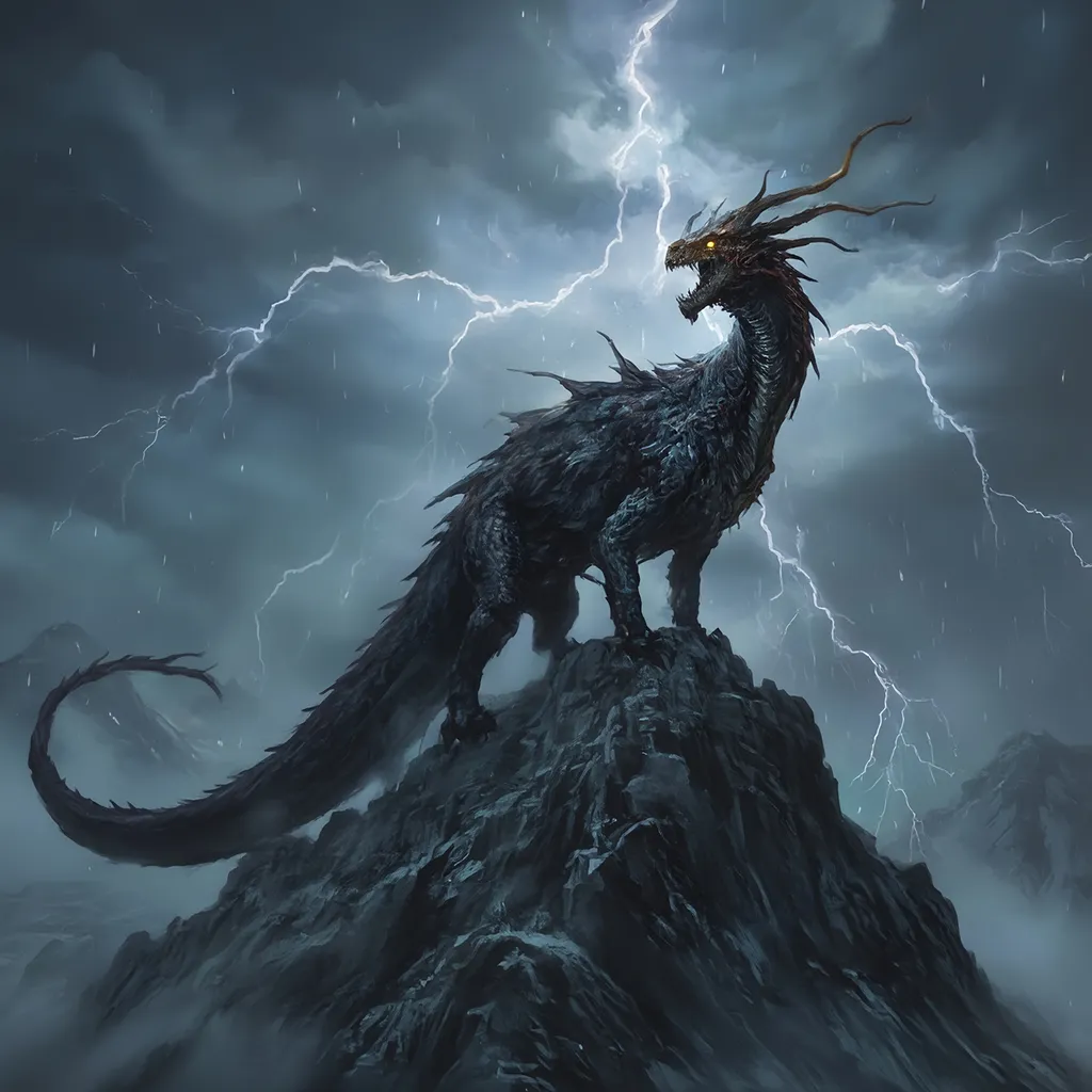 A dragon of gargantuan size perches on the peak of a...