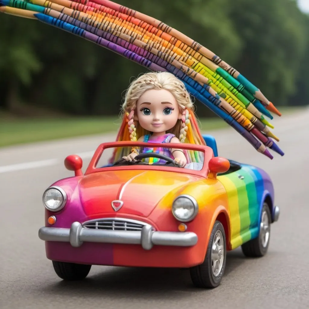 A crayon car with a blonde rainbow microbraidrd hair...