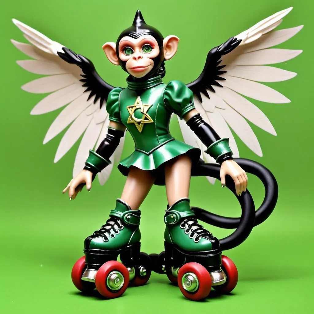 wizard of oz flying monkey wearing roller skates, fe...