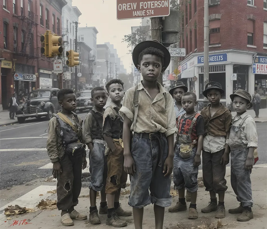 A gang of seven young boys in worn and raged clothes...