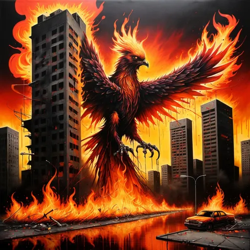 Graffiti, splatter painting of a burning city destro...