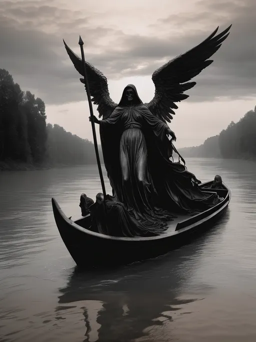 The angel of death riding the ferry on the river styx
