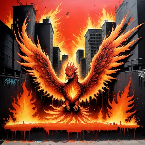 Graffiti, splatter painting of a burning city destro...