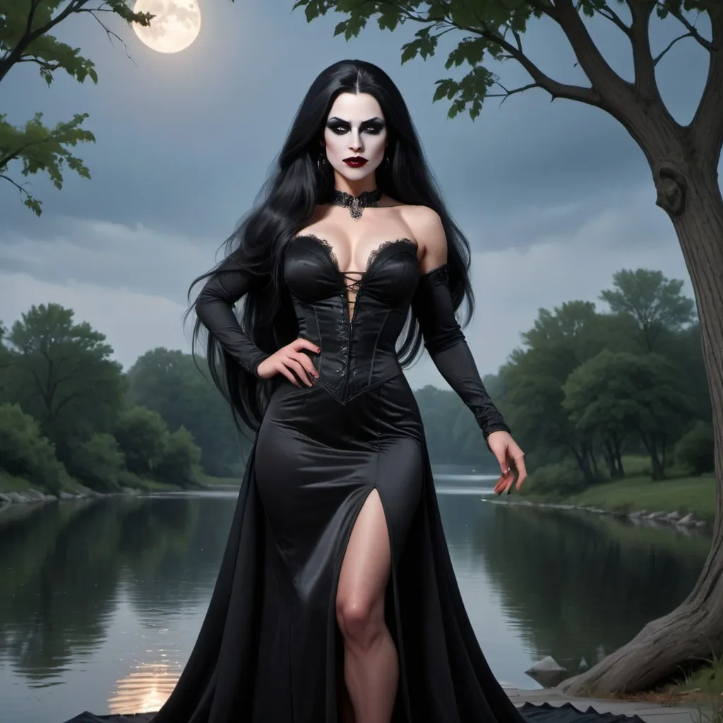 Gorgeous muscular Gothic drag queen vampire with lon...