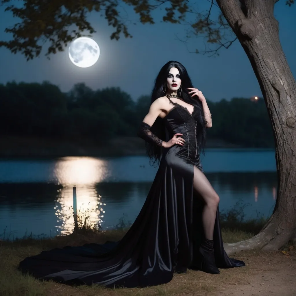 Gorgeous muscular Gothic drag queen vampire with lon...