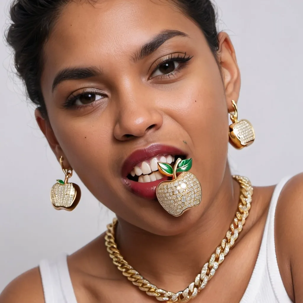 Woman biting a apple pendant pendant with crossed ic...