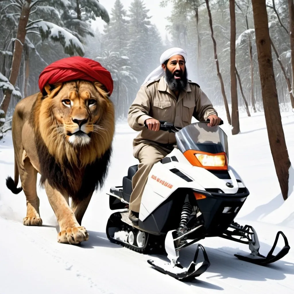draw osama bin laden scared riding a snowmobile away...