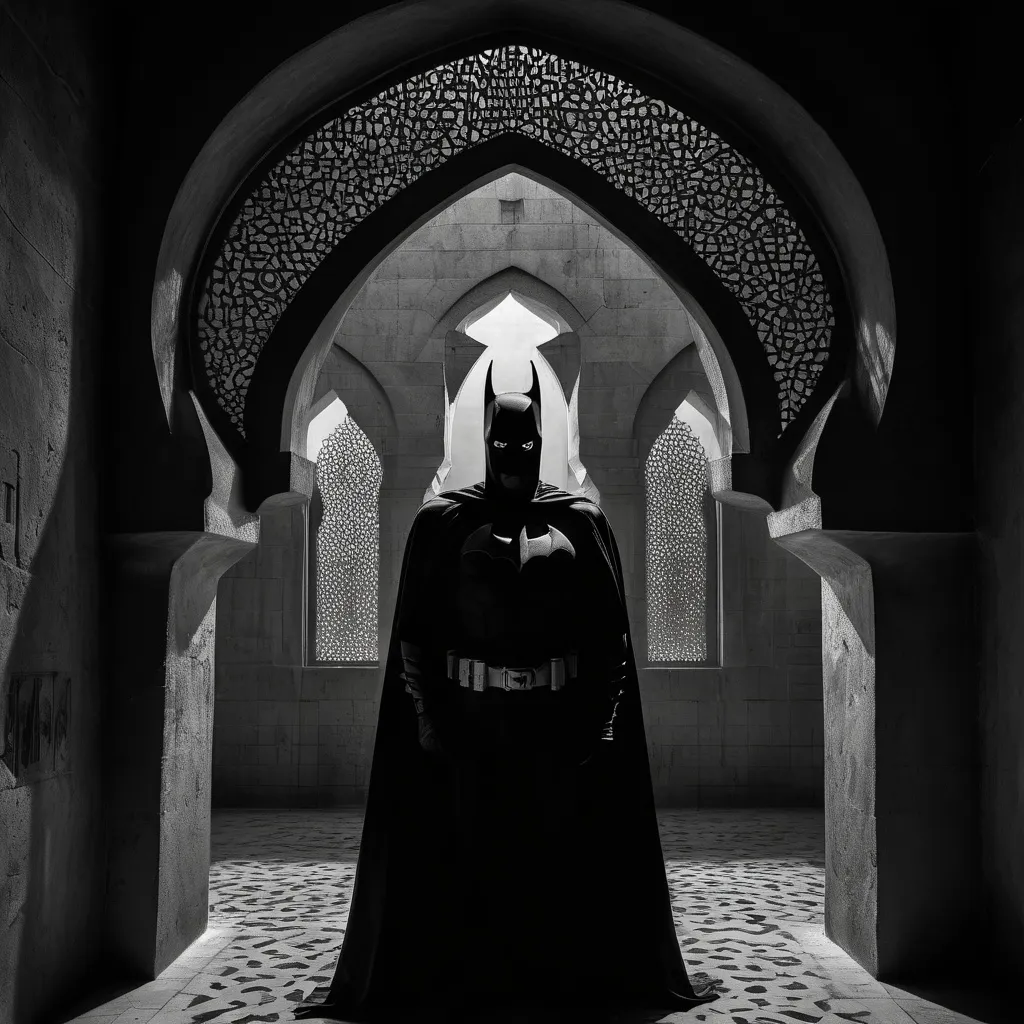 Abstract greyscale photo of Batman in medieval Islam...