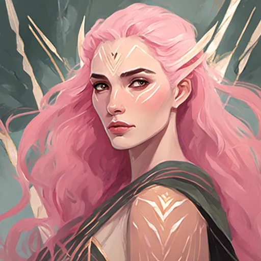 Female druid with long light pink hair, white skin,...