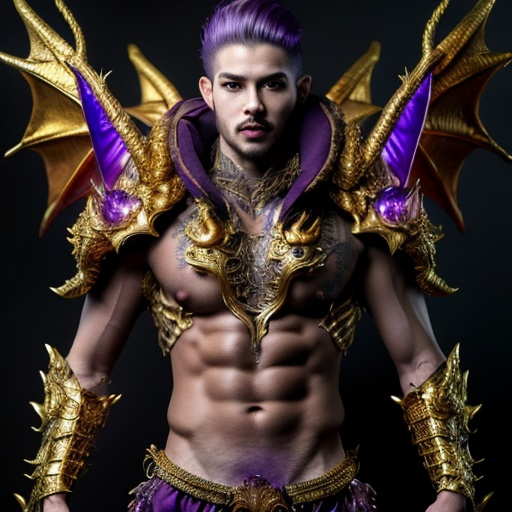 Humanoid male Half dragon with golden scales, amethy...