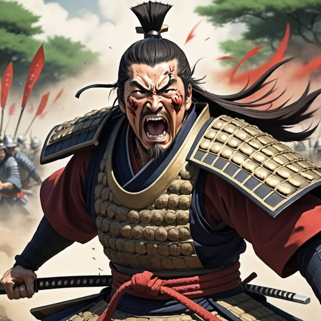 Anime samurai general charging into battle while scr...