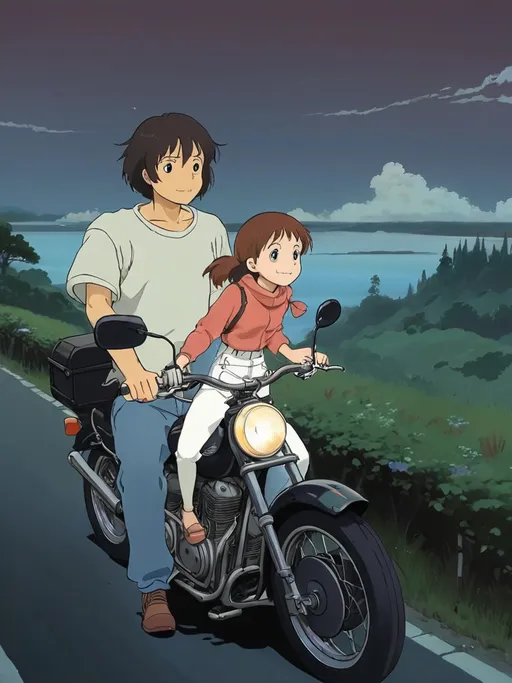 2d studio ghibli anime style, girl on motorcycle, an...