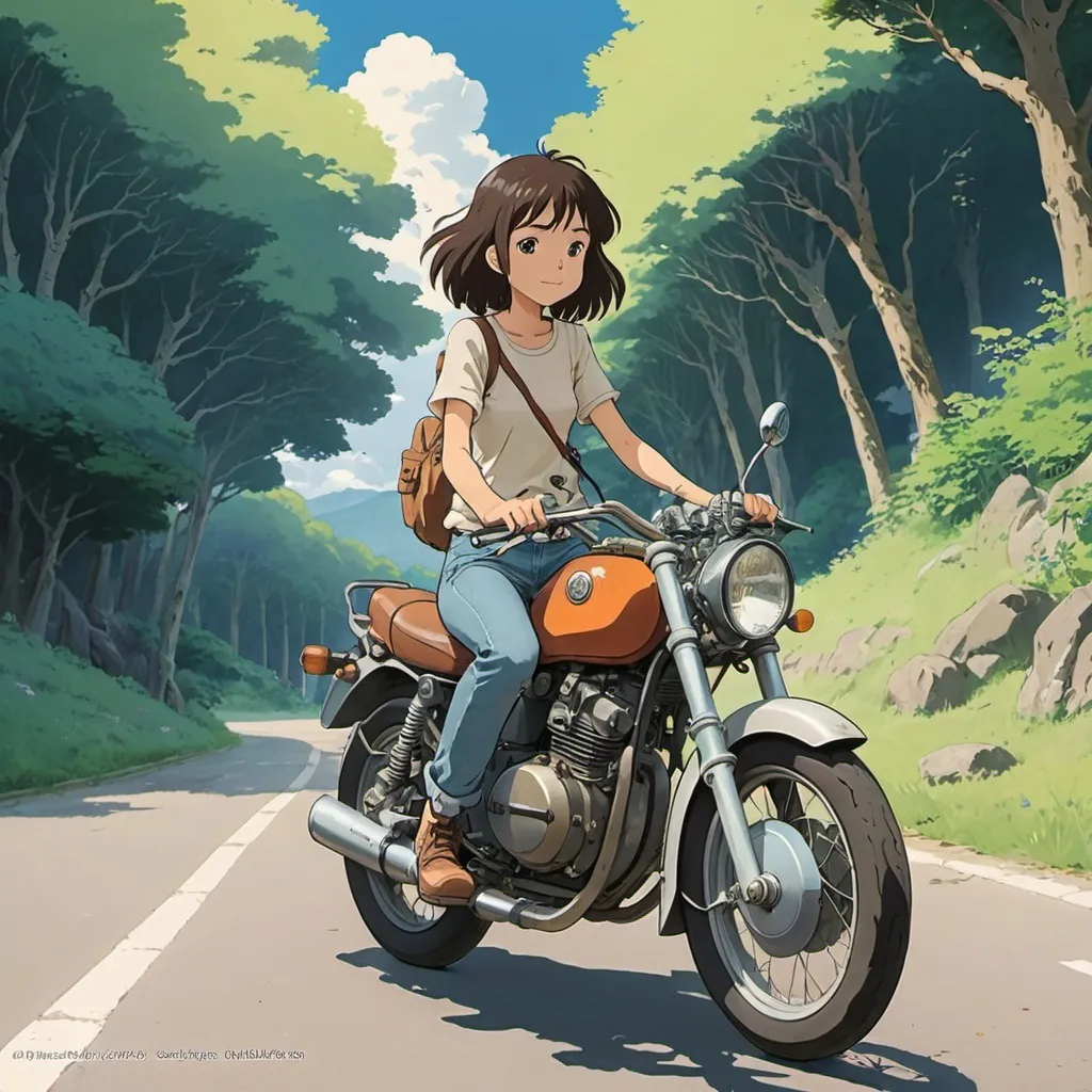 2d studio ghibli anime style, girl on motorcycle, an...