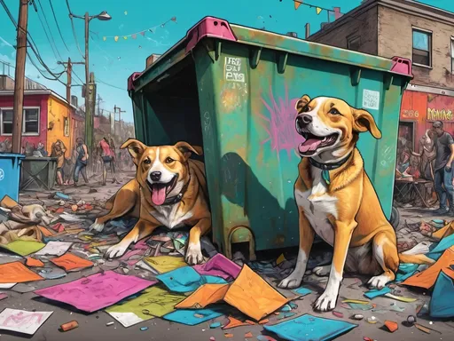 Detailed happy dog dumpster diving during a festival... | OpenArt