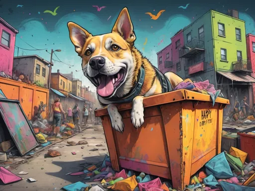 Detailed happy dog dumpster diving, sketch, pop art... | OpenArt