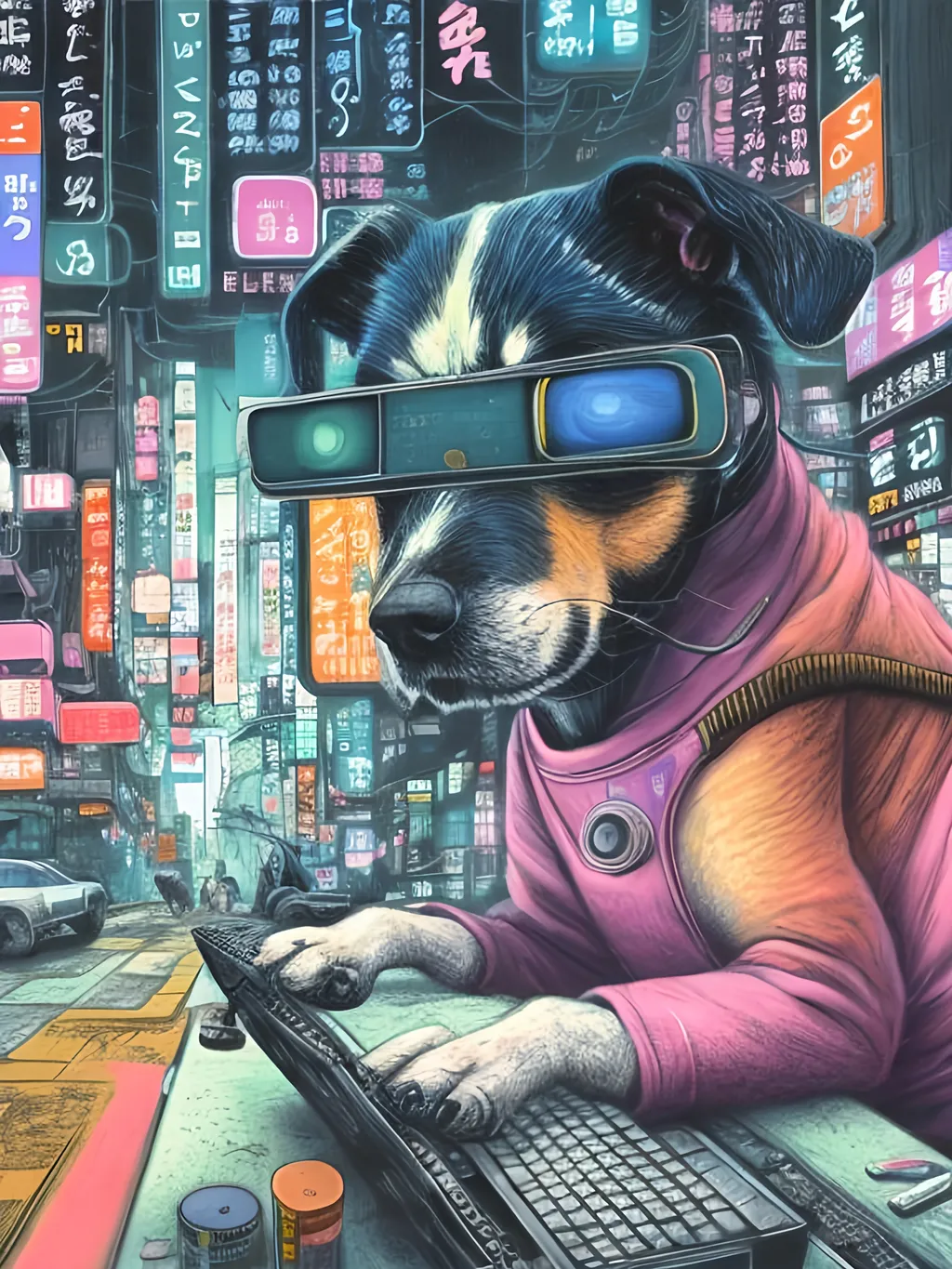 chalk pastel art of a detailed dog hacking a compute...