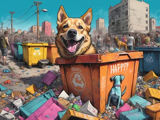 Detailed happy dog dumpster diving during a festival... | OpenArt
