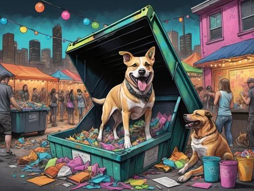 Detailed happy dog dumpster diving, sketch, pop art... | OpenArt