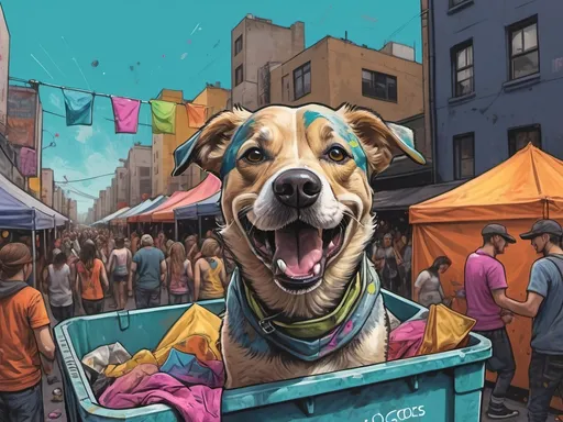 Detailed happy dog dumpster diving during a festival... | OpenArt