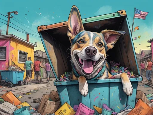 Detailed happy dog dumpster diving during a festival... | OpenArt