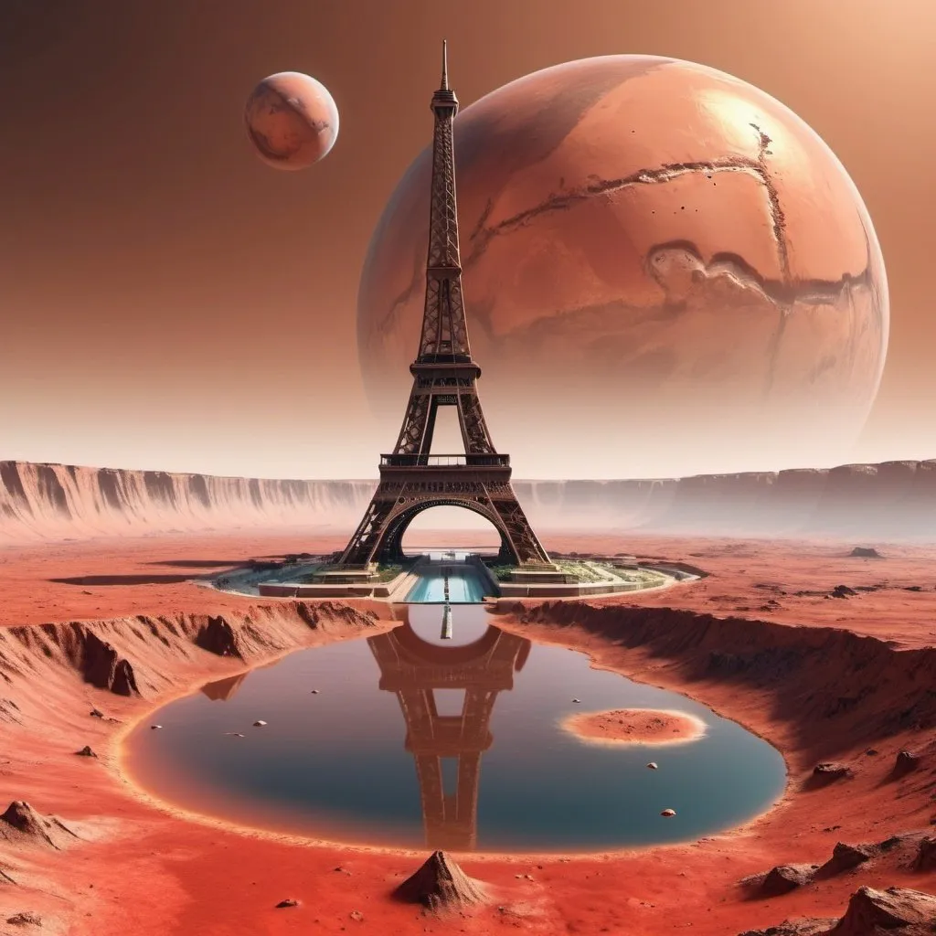 Eiffel Tower on Mars with a big lake in front, red p...