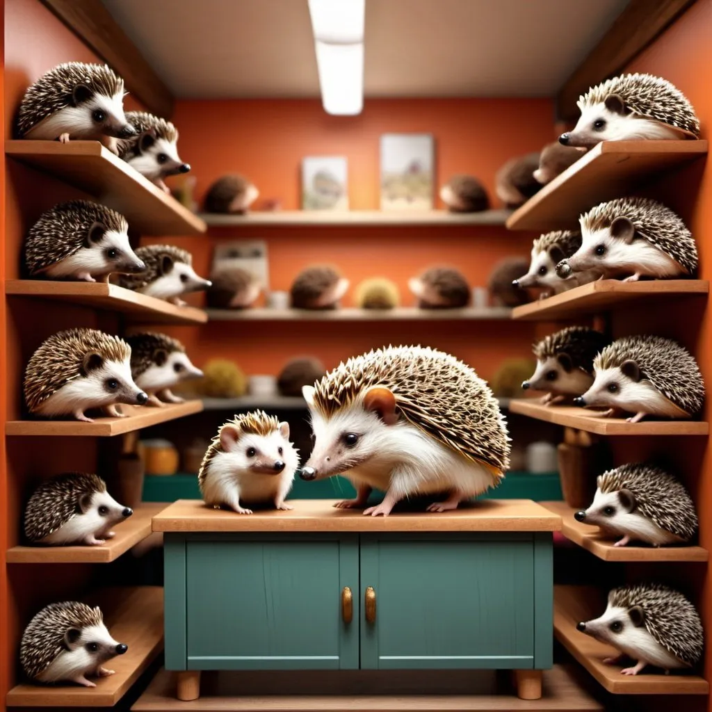 Photorealistic shop interior with hedgehogs in vario...